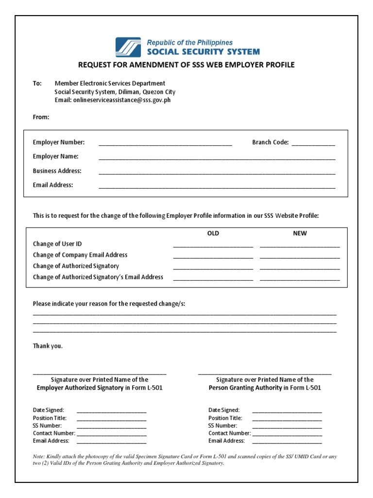 Request For Amendment of SSS Web Employer Profile | PDF | Computing ...