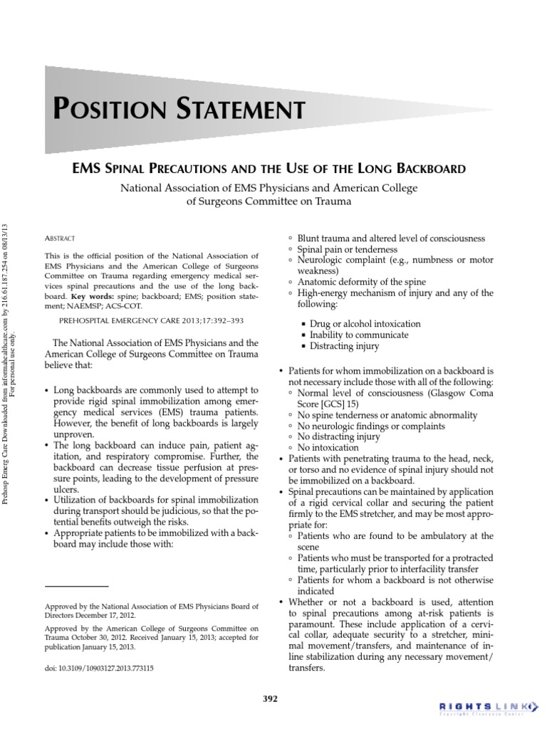 POSITION EMS Spinal Precautions and The Use of The Long Backboard | PDF ...