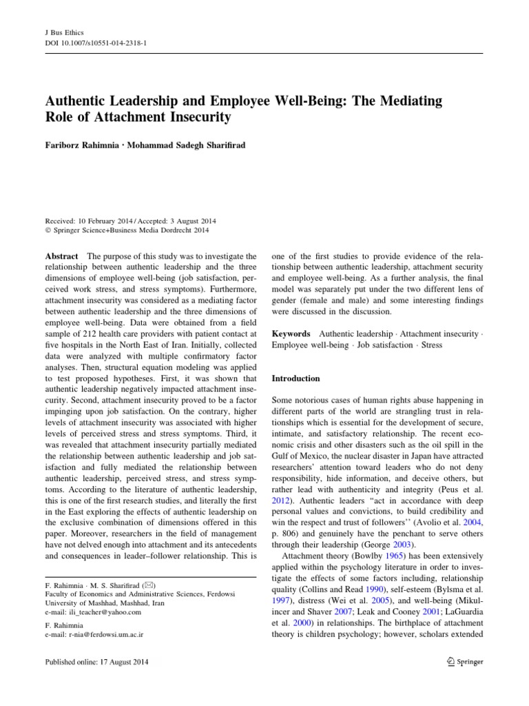 Authentic Leadership And Employee Wellbeing The Mediating Role Of