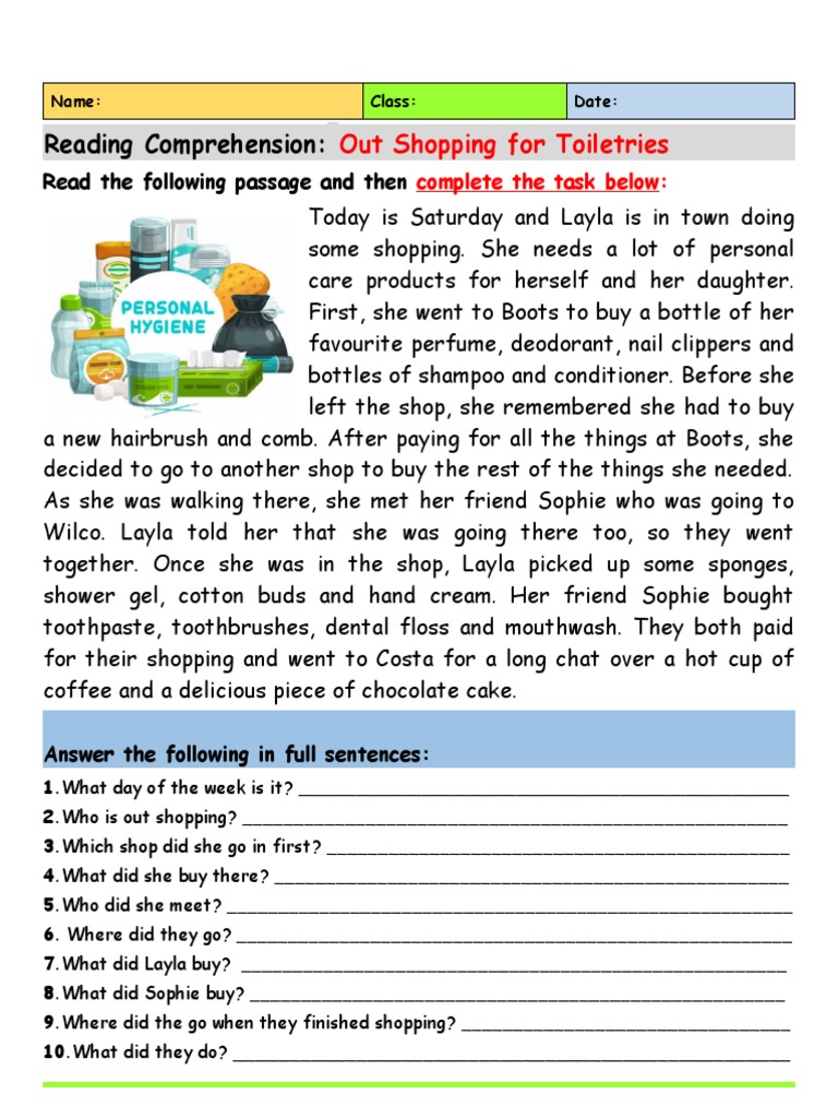 Reading Comprehension:: Out Shopping For Toiletries | PDF | Self ...