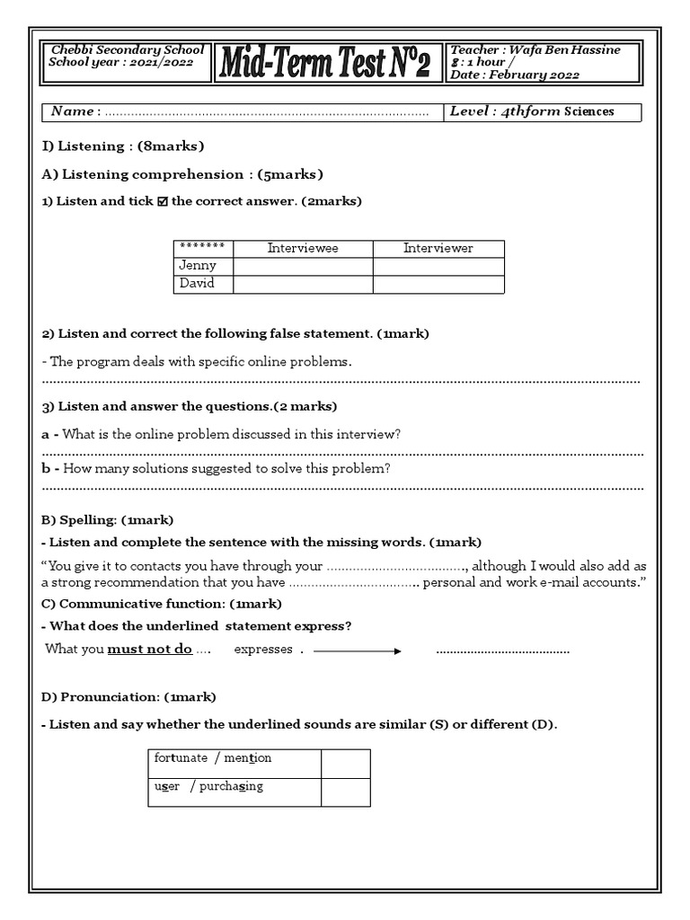 Midterm Test n2 4th Form Tests - 141301 | PDF | Teachers | Special ...