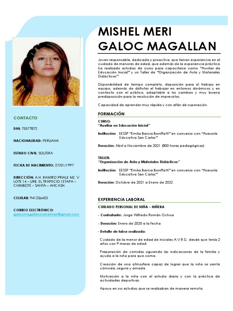 CV Mishel Meri Galoc Magallan | PDF | Educación de la primera infancia | Cognición