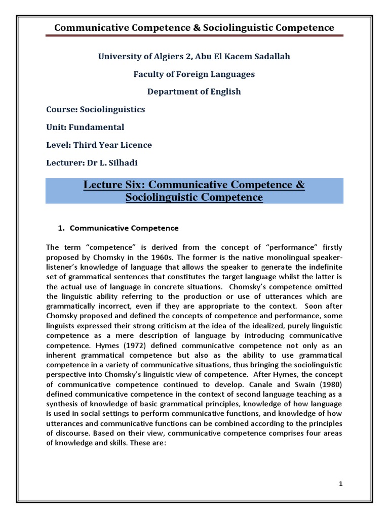 Communicative Competence and Sociolinguistic Competence | PDF | Sociolinguistics | Linguistics