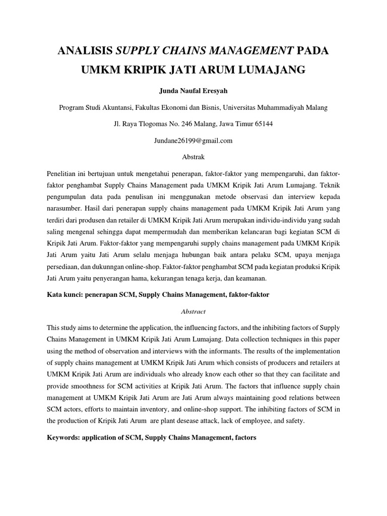 ANALISIS SUPPLY CHAINS MANAGEMENT PADA UMKM KRIPIK JATI ARUM LUMAJANG (Junda Naufal Eresyah ...