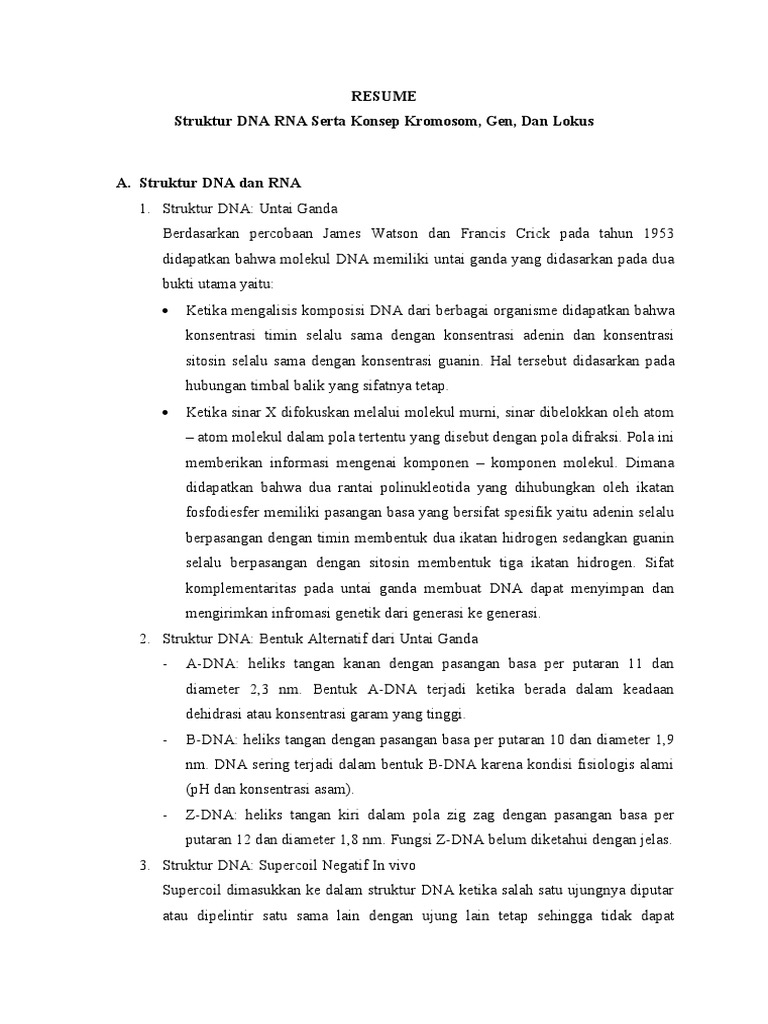 Resume Struktur DNA RNA Serta Konsep Kromosom, Gen, Dan Lokus | PDF