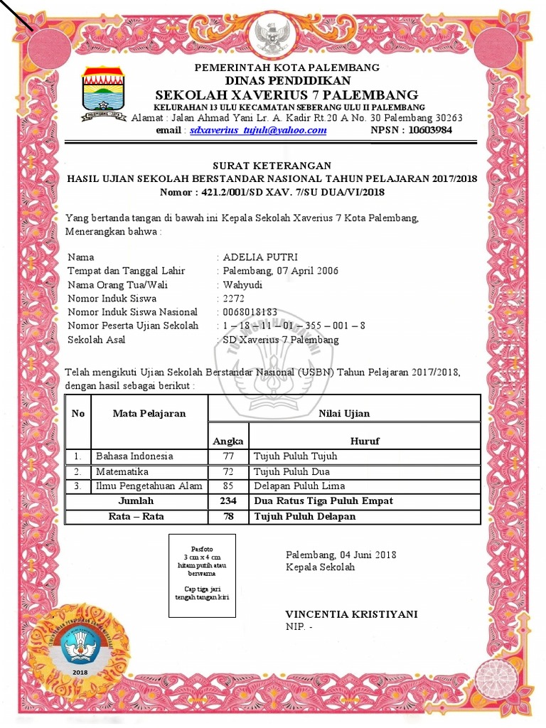 SKHU USBN SD Xaverius 7 Palembang 2018 | PDF