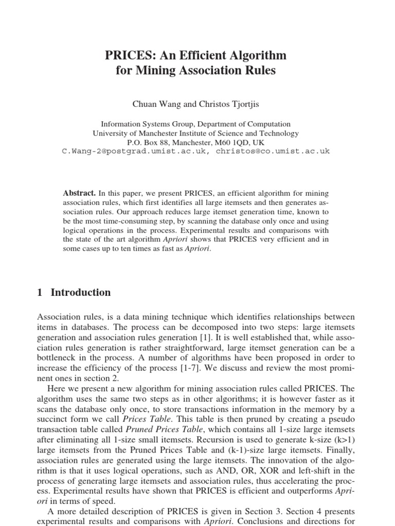 PRICES: An Efficient Algorithm For Mining Association Rules: C.Wang-2@postgrad - Umist.ac - Uk ...