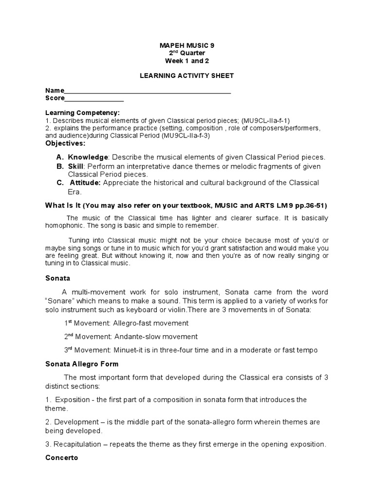 LAS MUSIC 9 Q2 Week 1 and 2 | PDF | Concerto | Classical Period (Music)