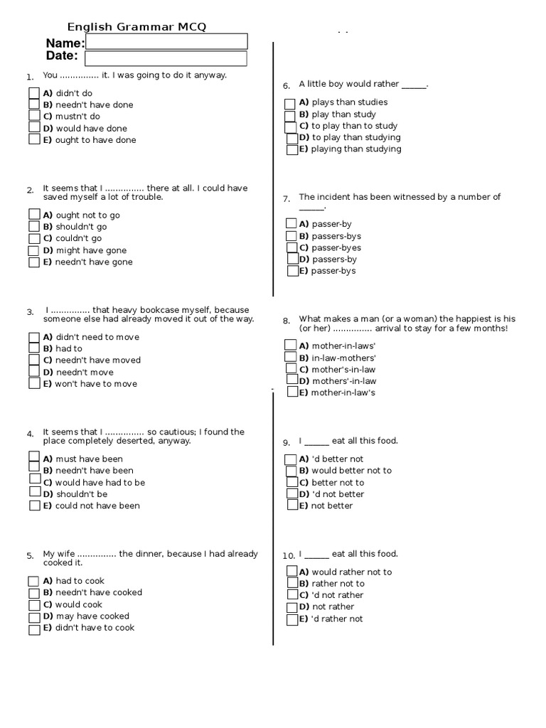 Name: Date:: English Grammar MCQ Test With Answers Upper Intermediate ...