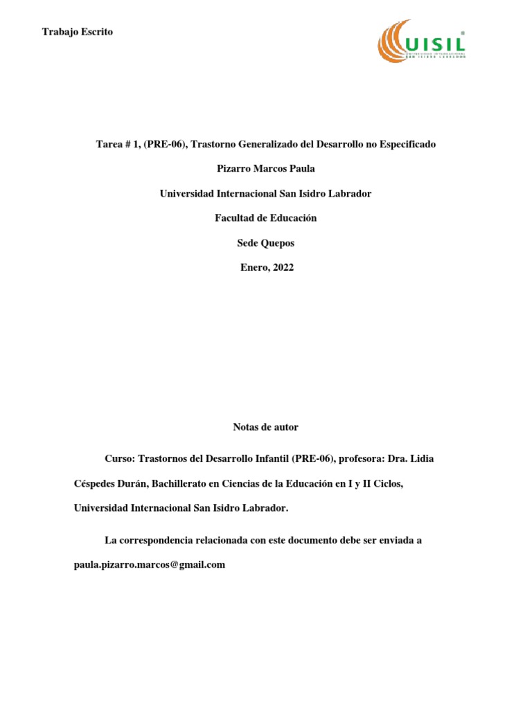 Trastorno Generalizado Del Desarrollo No Especificado Tarea 1 | PDF | Espectro autista ...