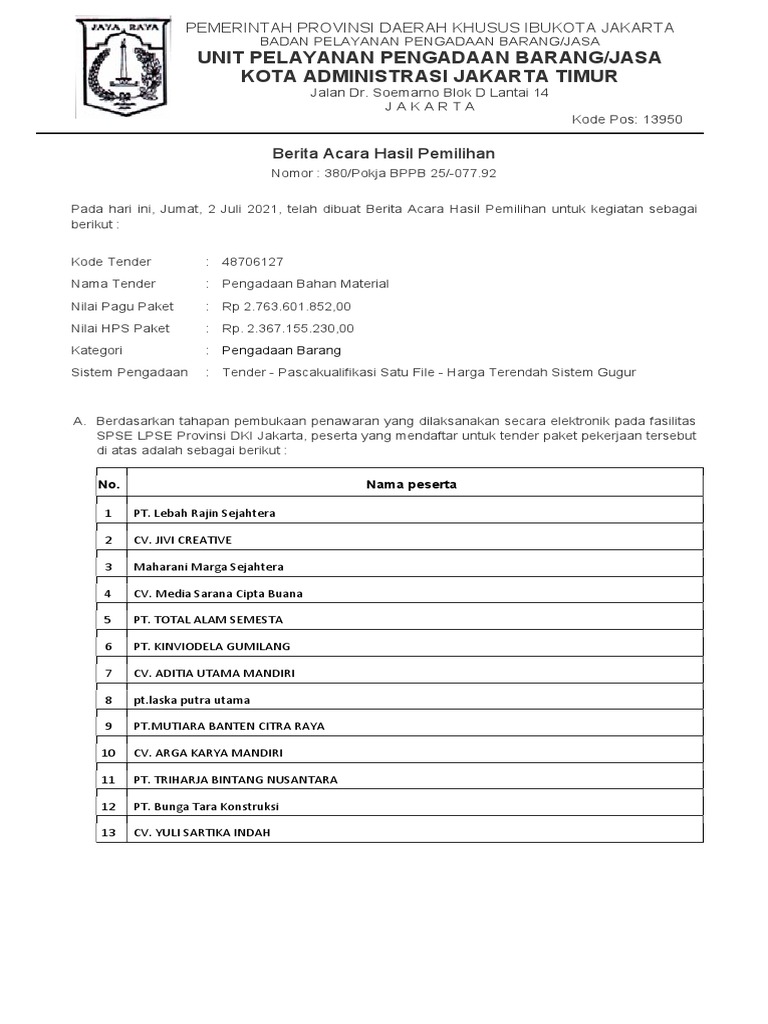 BAHP Tender Pengadaan Bahan Material | PDF | Bisnis
