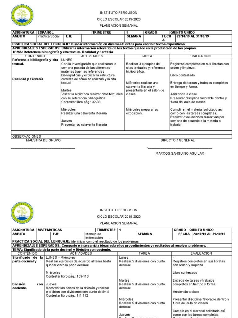 Planeación Semanal Quinto Grado 2019-2020 | PDF | Evaluación