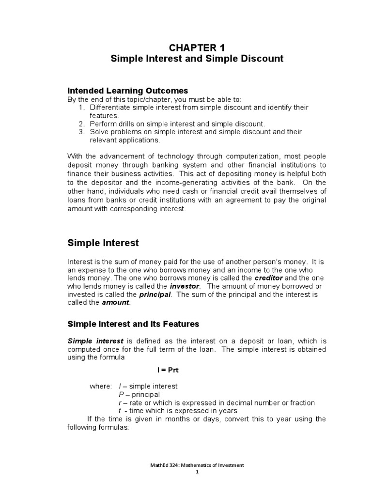 Simple Interest and Simple Discount: Intended Learning Outcomes | PDF ...
