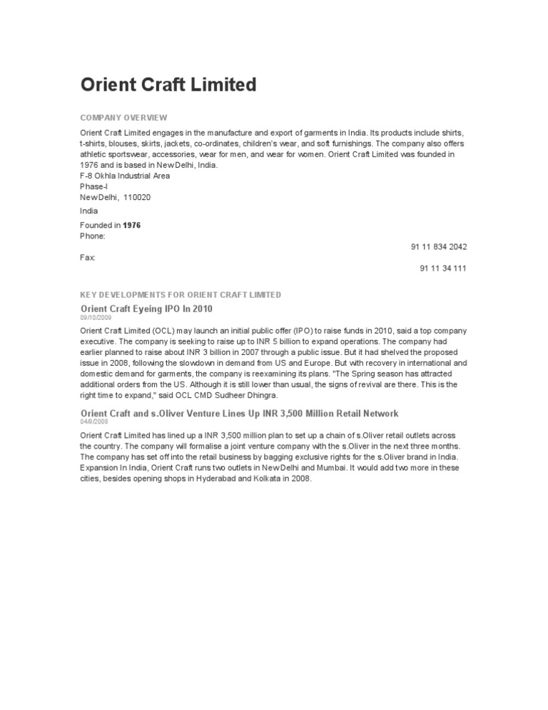 Orient Craft Limited | PDF