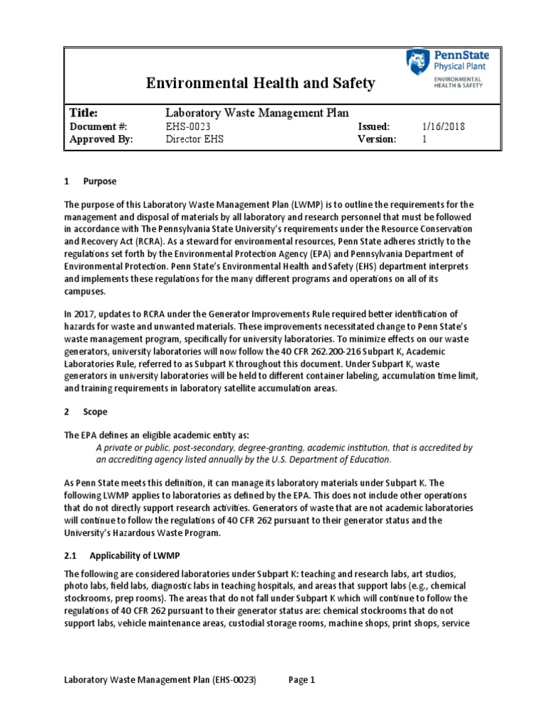Ehs-0023 - Laboratory Waste Management Plan 1-18 | PDF | Resource ...