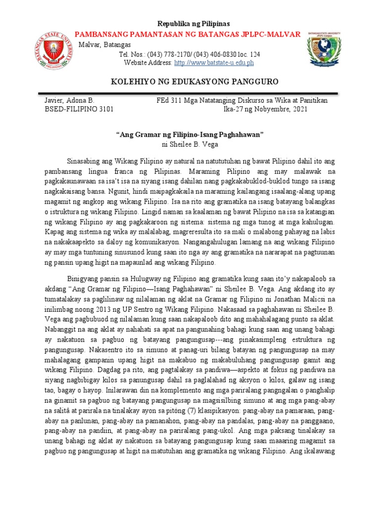 Grammar NG Filipino, Isang Paghahawan | PDF