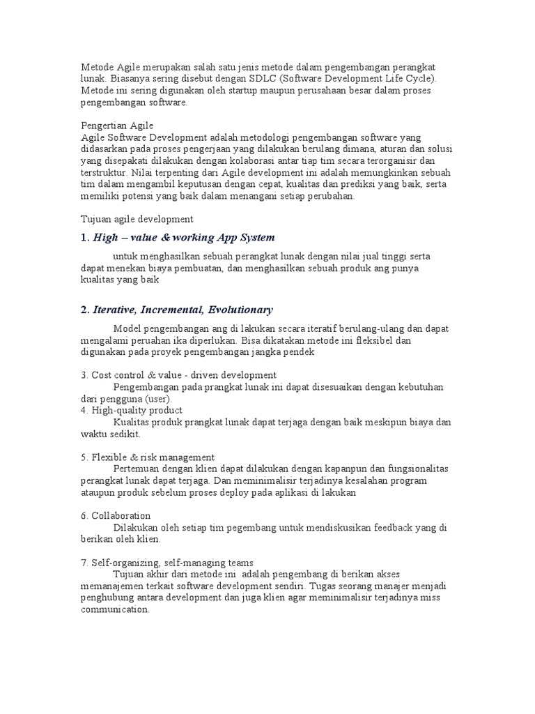 Metode Agile dan Tujuannya dalam Pengembangan Perangkat Lunak | PDF