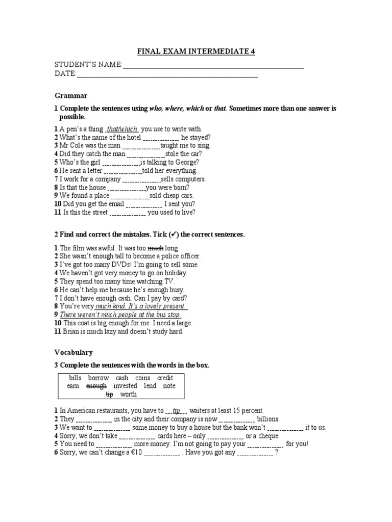 Final Exam Intermediate 4 | PDF