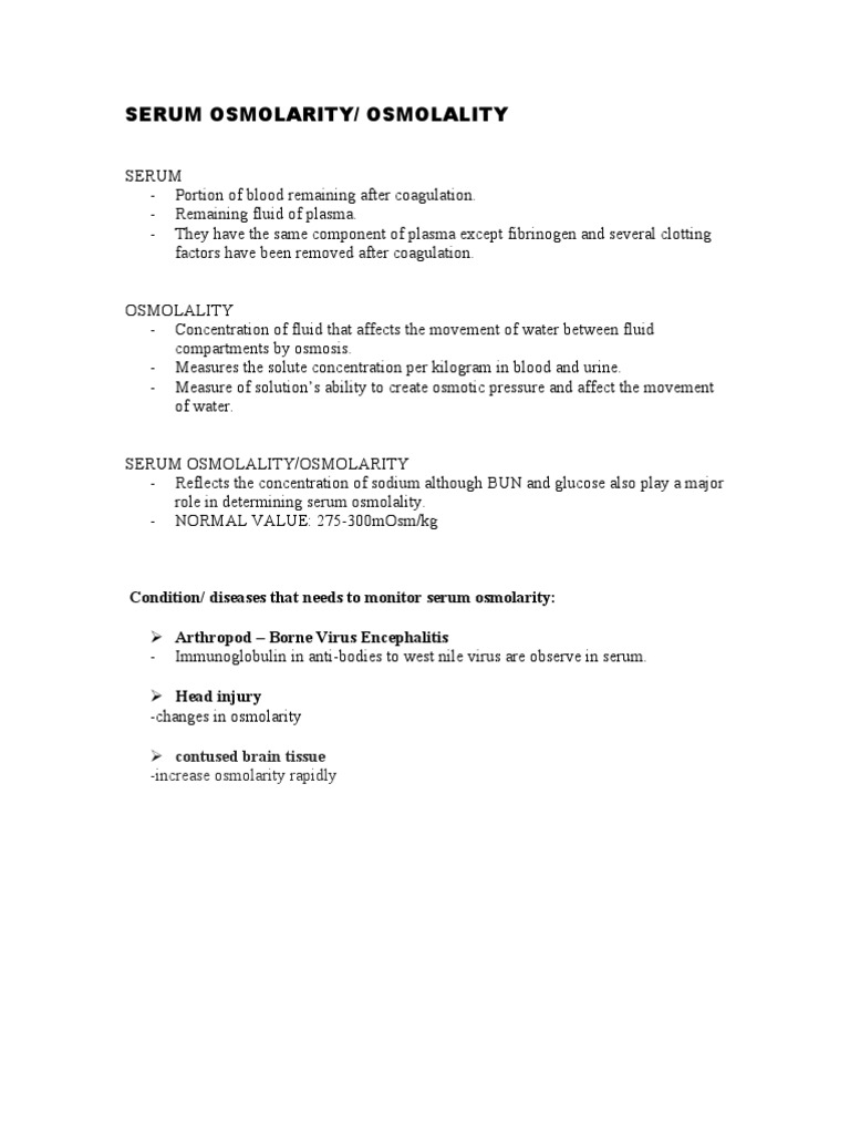 Normal Serum Osmolarity Values | PDF | Wellness | Science & Mathematics