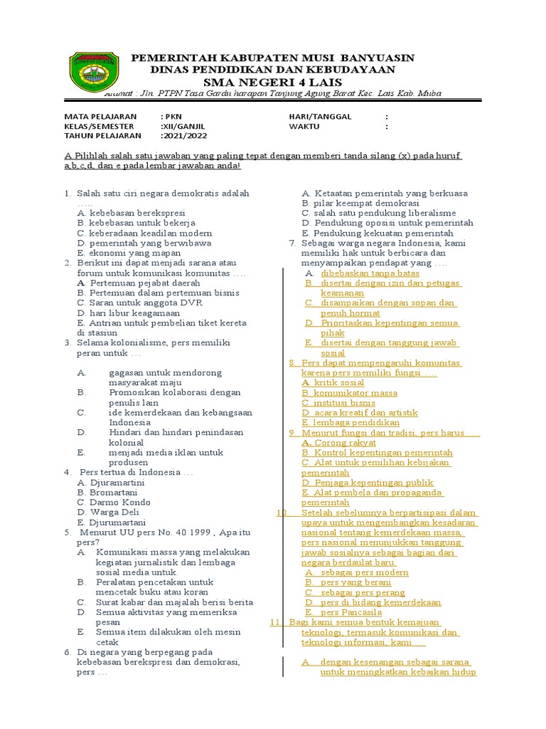 Soal PKN Kelas Xii 2021 | PDF | Politik | Ilmu Sosial
