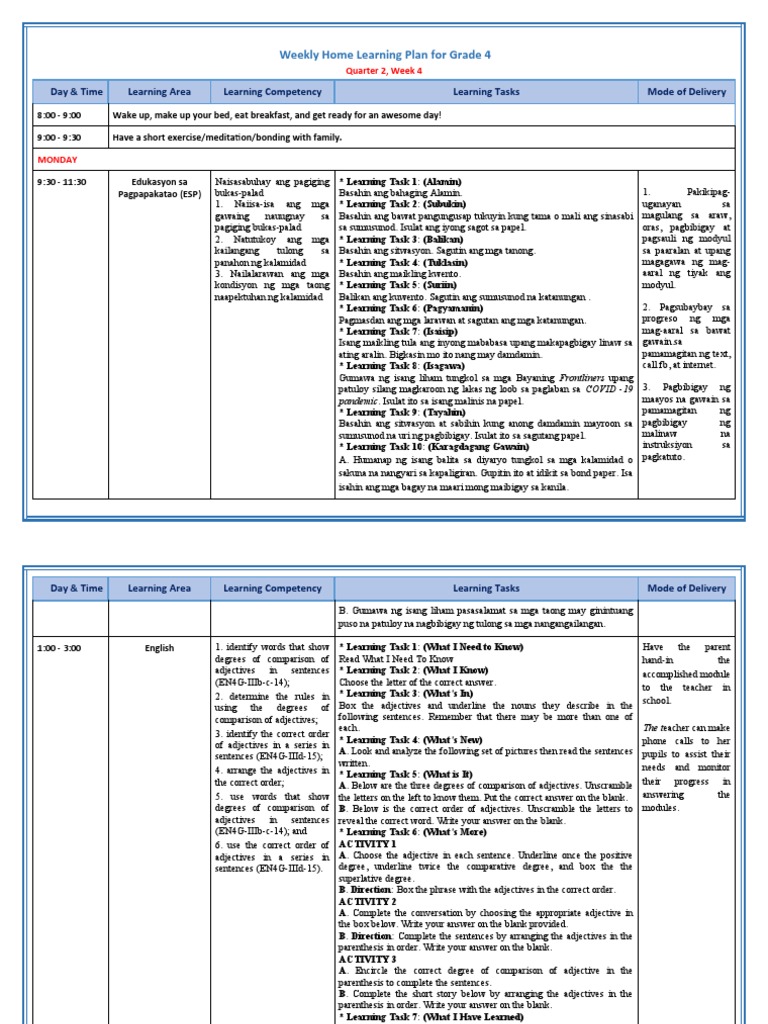 Grade 4 - All Subjects - WHLP - Q2 - W4 | PDF