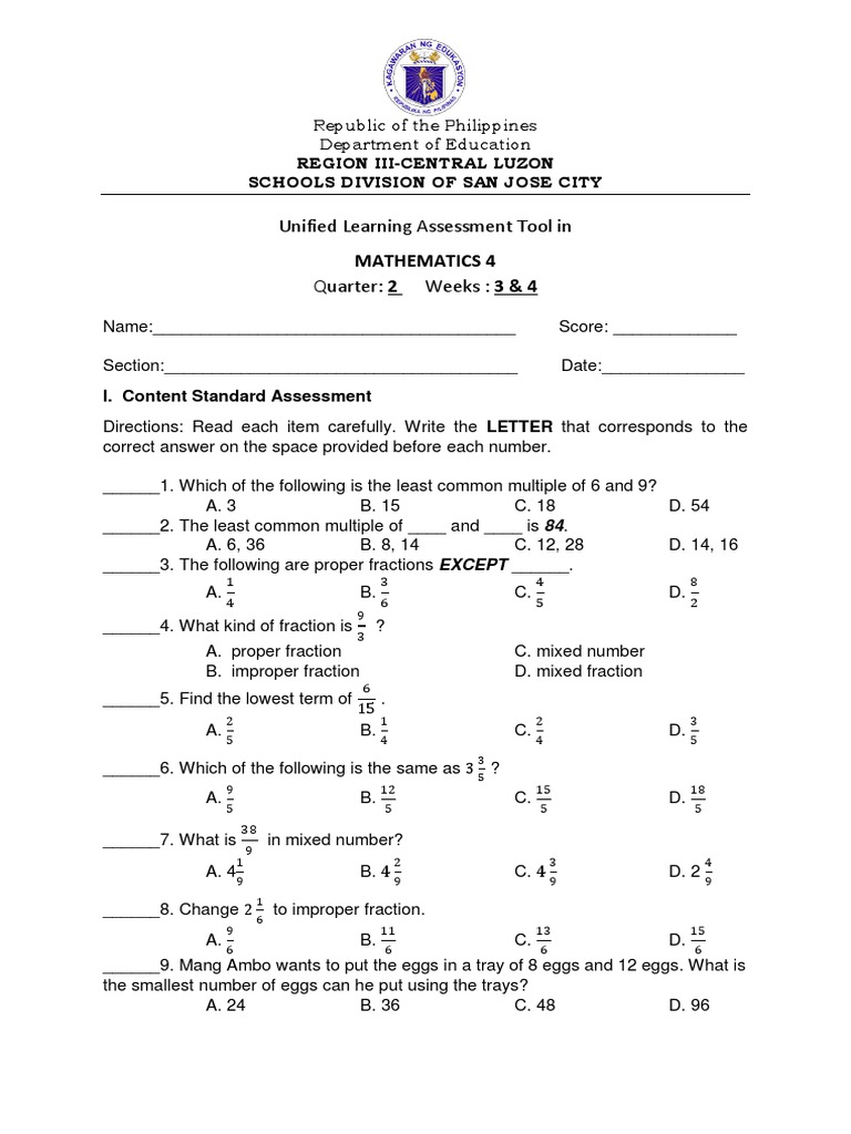 Unified Learning Assessment Tool In: Mathematics 4 | PDF | Mathematics ...
