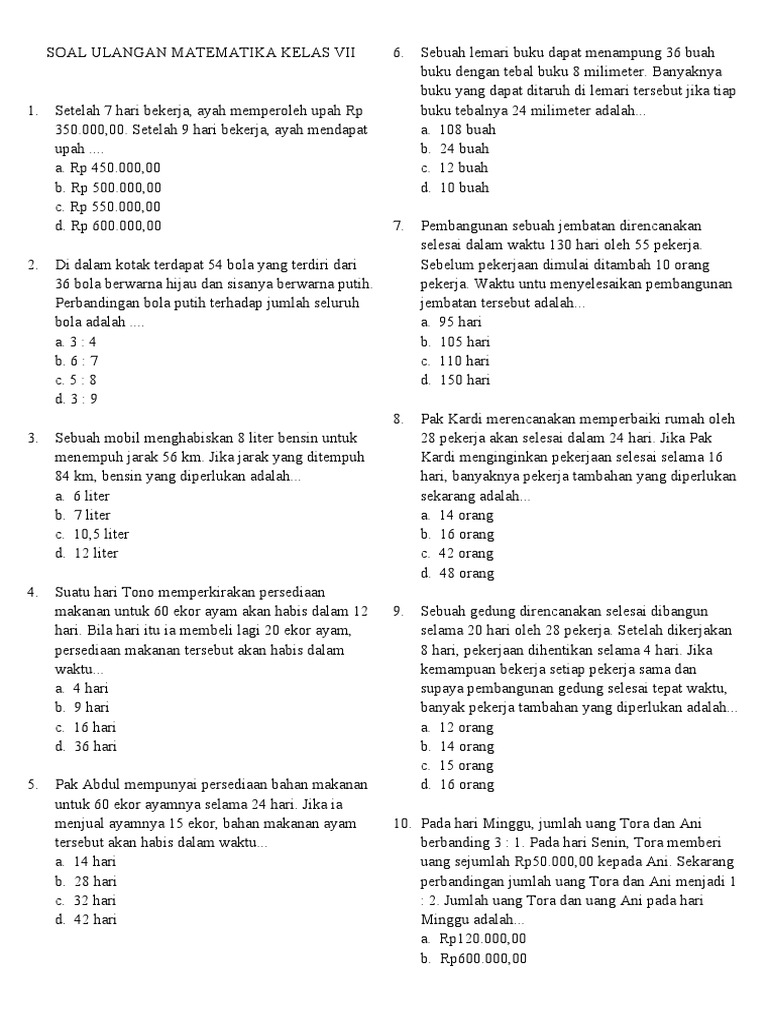 Soal Ulangan Matematika Kelas VII | PDF