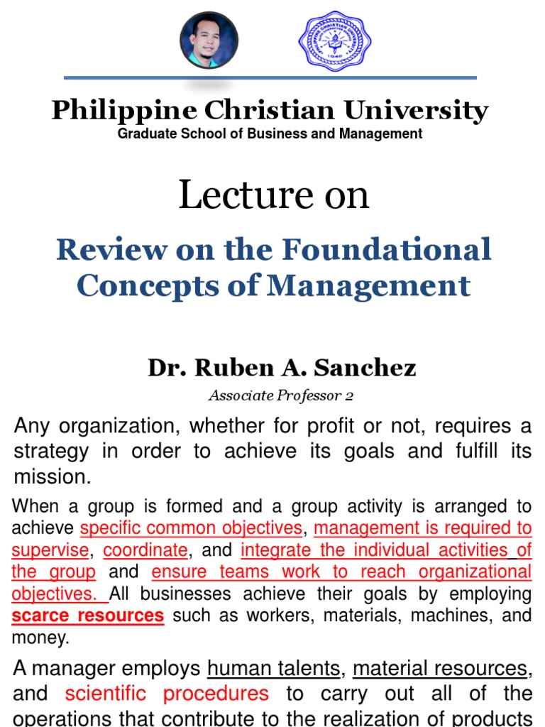 Lecture On The Fundamental Concepts of Management | PDF | Goal | Resource