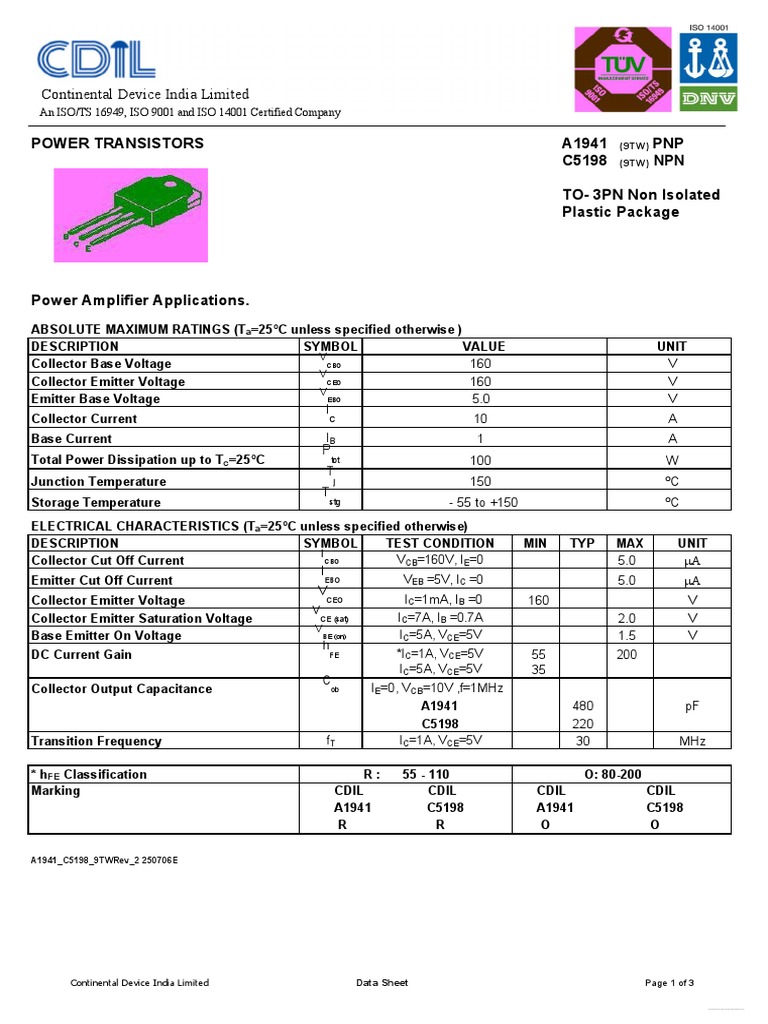 Continental Device India Limited: Power Transistors A1941 PNP C5198 NPN ...