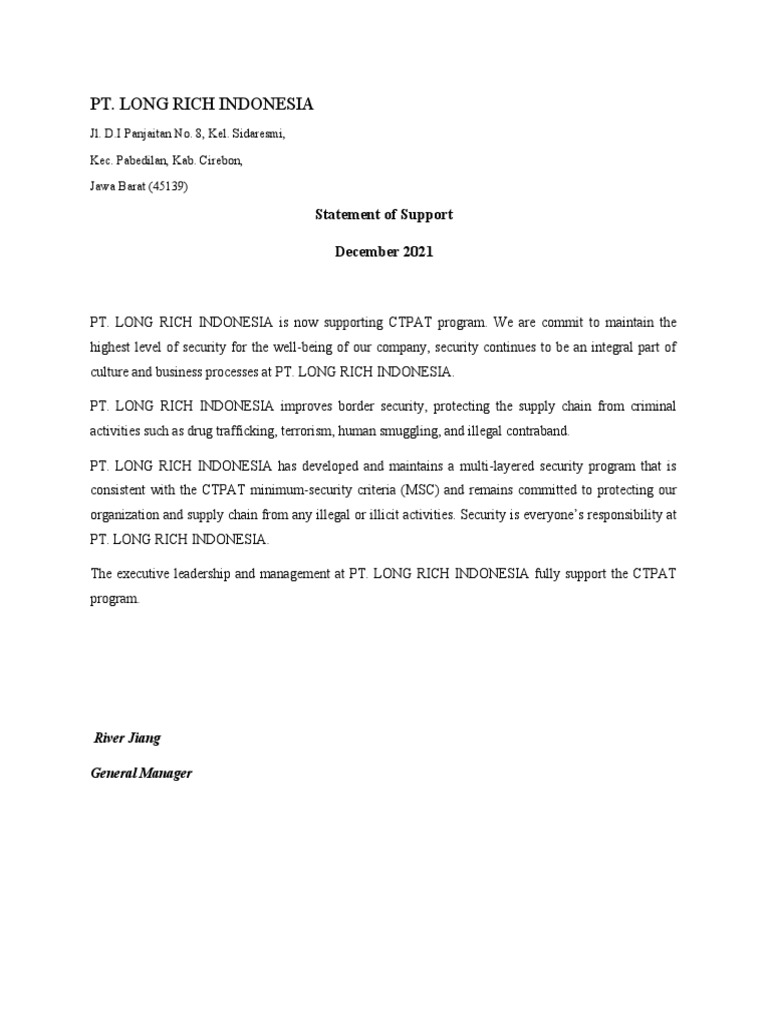 Statement of Support Ctpat | PDF