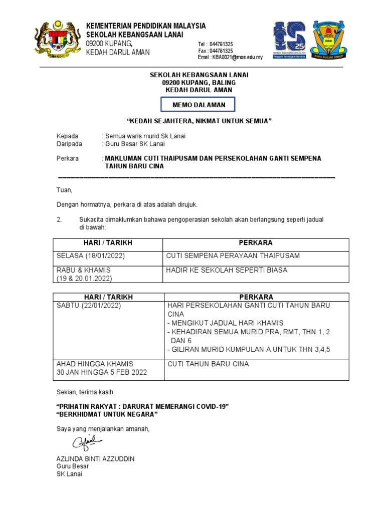 Memo Dalaman Makluman Cuti Sekolah | PDF