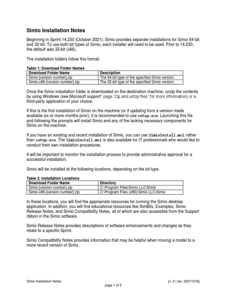 Simio Installation Notes: Table 1: Download Folder Names Download ...
