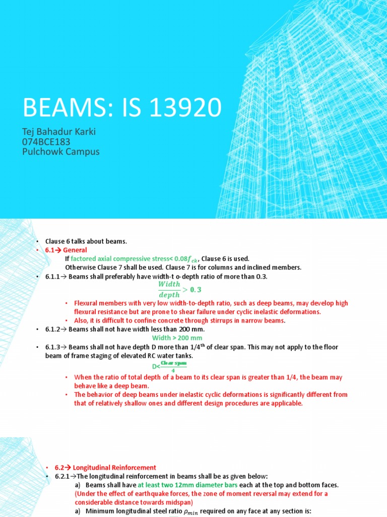 Beams IS 13920 2016 | PDF | Beam (Structure) | Bending