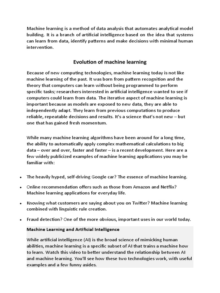 Evolution of Machine Learning | PDF | Machine Learning | Artificial ...