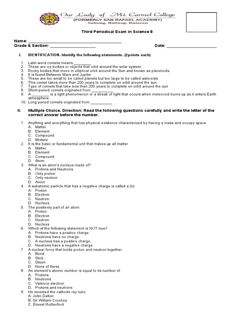 Third Periodical Exam in Science 8 | PDF | Atoms | Neutron
