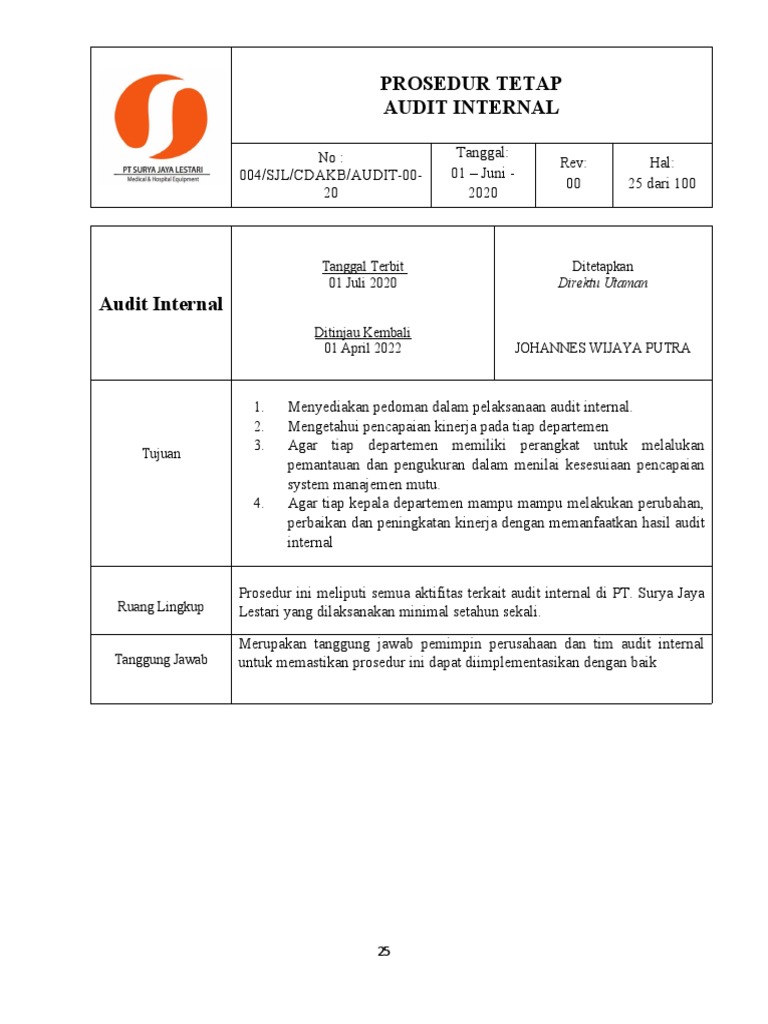 Prosedur Tetap Audit Internal PT SURYA JAYA LESTARI | PDF