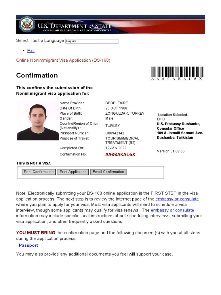 Confirmation: Online Nonimmigrant Visa Application (DS-160) | Download ...