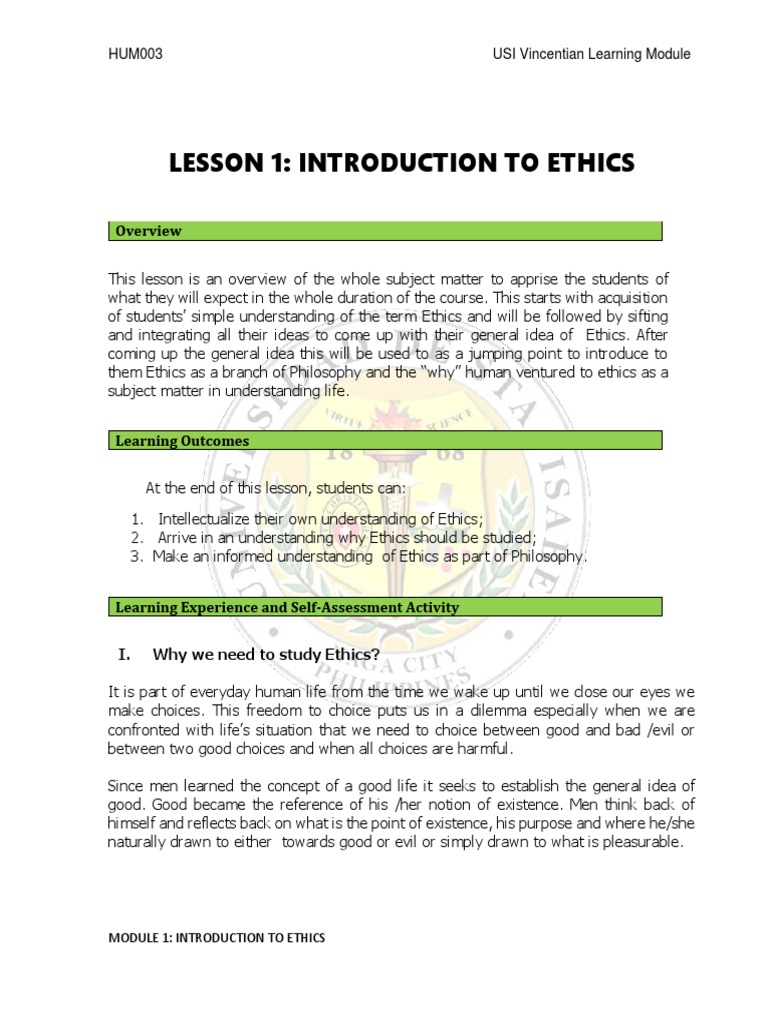 Ethics Lesson 1 | PDF | Rationalism | Reason