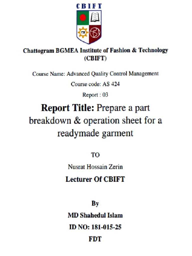 Readymade Garment: Report Title: Prepare A Part Breakdown & Operation ...