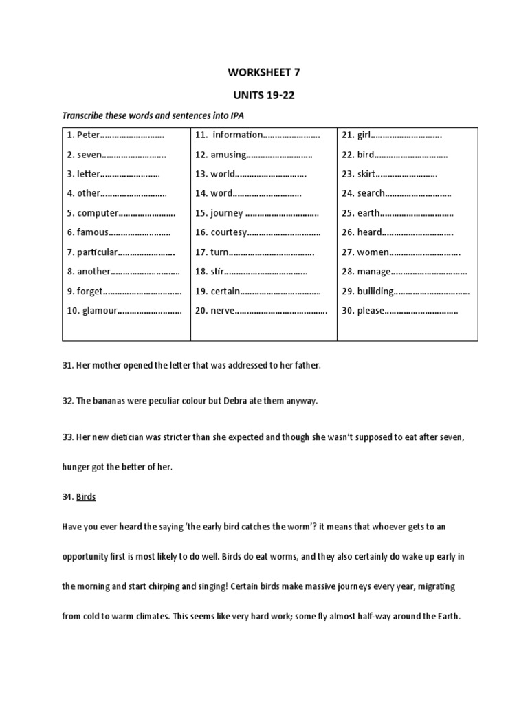 Worksheet 7 UNITS 19-22: Transcribe These Words and Sentences Into IPA ...