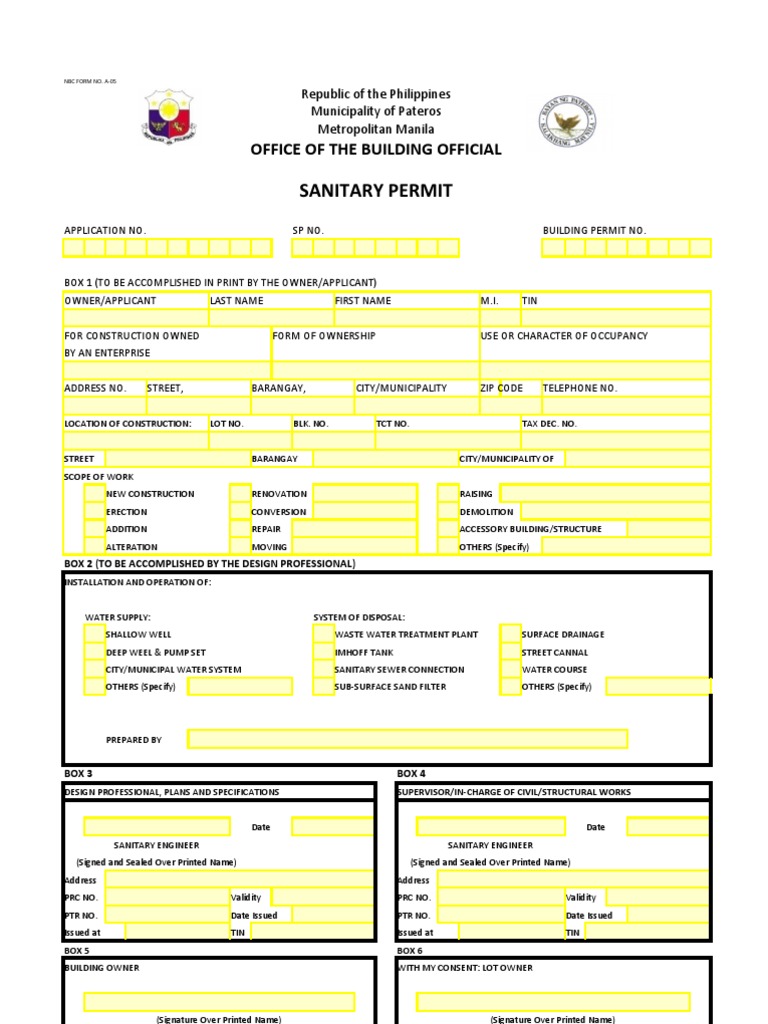 NBC Form A-05 Sanitary Permit | PDF | Sanitation | Hydraulic Engineering NBC Form A-05 Sanitary Permit | PDF | Sanitation | Hydraulic Engineering