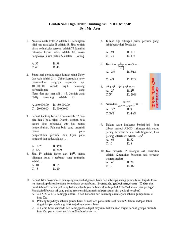 Contoh Soal Hots Matematika SMP | PDF