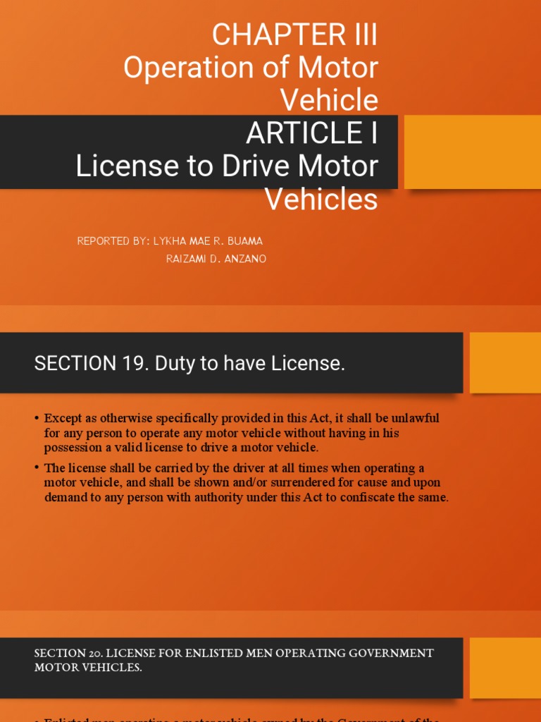 Operation of Motor Vehicle Article I License To Drive Motor Vehicles ...