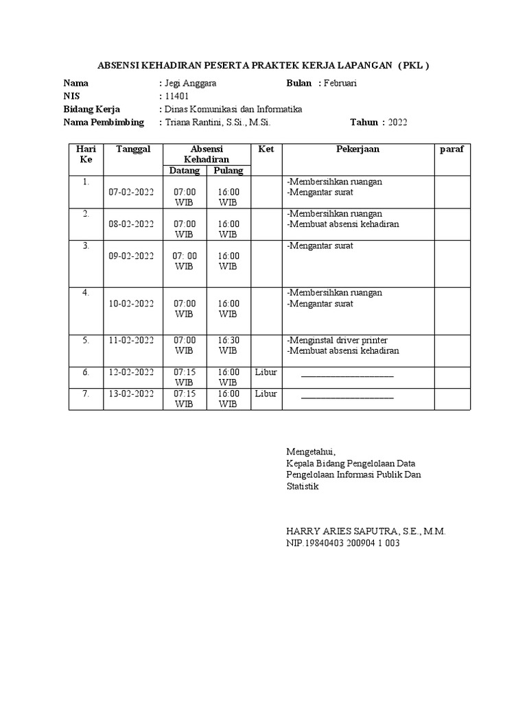 Absensi PKL Jegi Anggara Februari 2022 | PDF
