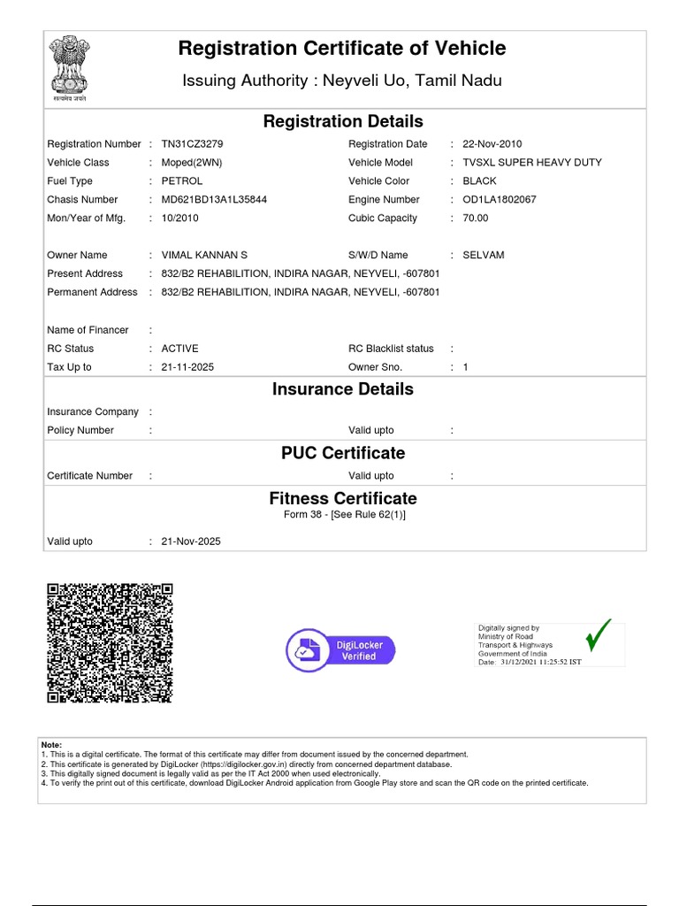 Registration Certificate of Vehicle: Issuing Authority: Neyveli Uo ...