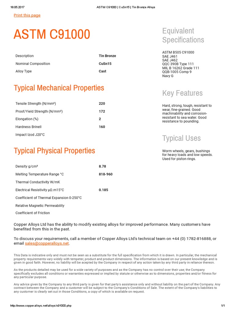 ASTM C91000 - CuSn15 - Tin Bronze Alloys | PDF | Alloy | Bronze
