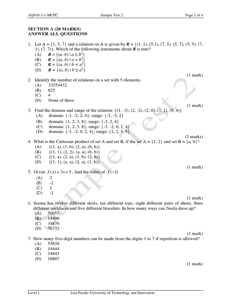 Section A (20 Marks) Answer All Questions: AQ010-3-1-MCFC Sample Test 2 ...