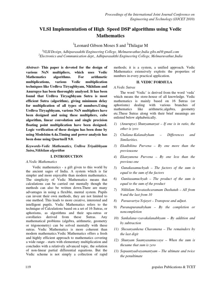 VLSI Implementation of High Speed DSP Algorithms Using Vedic Mathematics | PDF | Multiplication ...