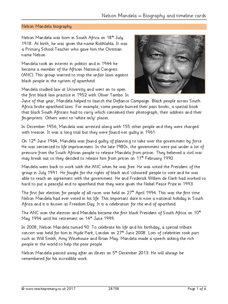 Nelson Mandela - Biography and Timeline Cards: © WWW - Teachitprimary ...