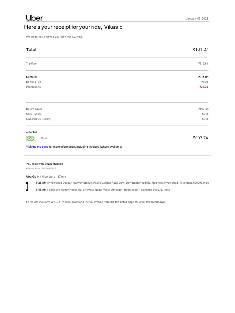 Here's Your Receipt For Your Ride, Vikas C: Total 101.27 | PDF